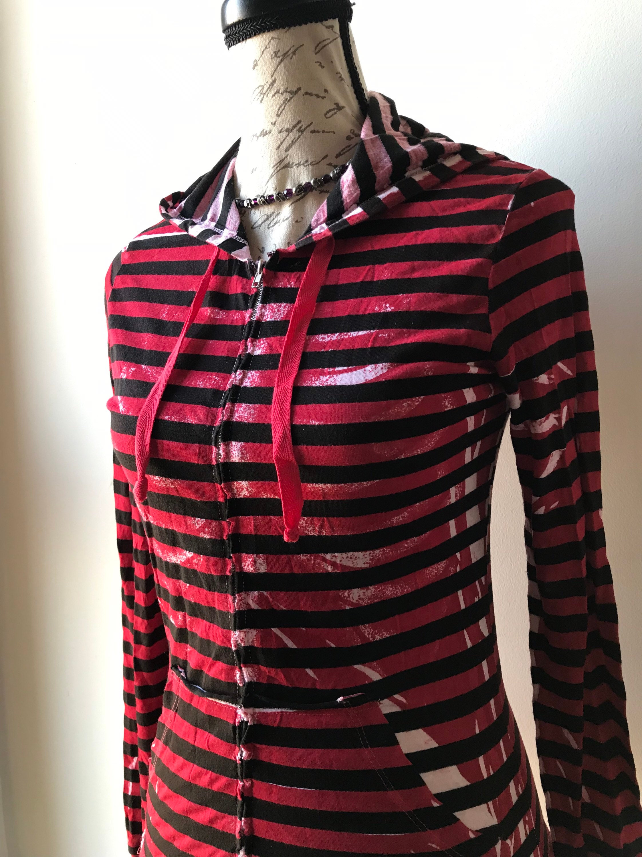 Y2K Womens Black & Red Striped Light Spring Hoodie Mall Goth Emo Hot ...