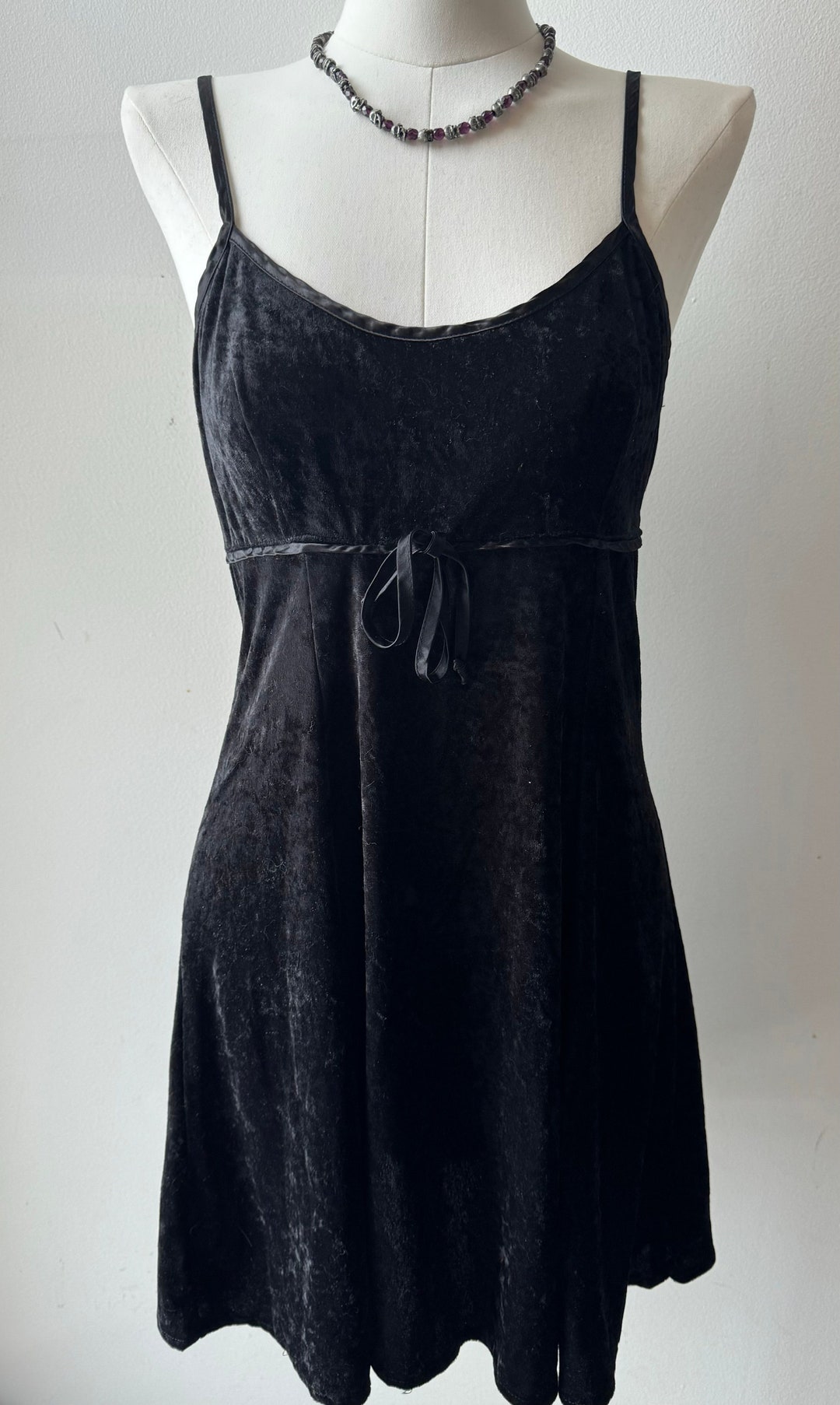 Vintage Y2K Black Crushed Velvet Spaghetti Straps Babydoll Slip Dress ...