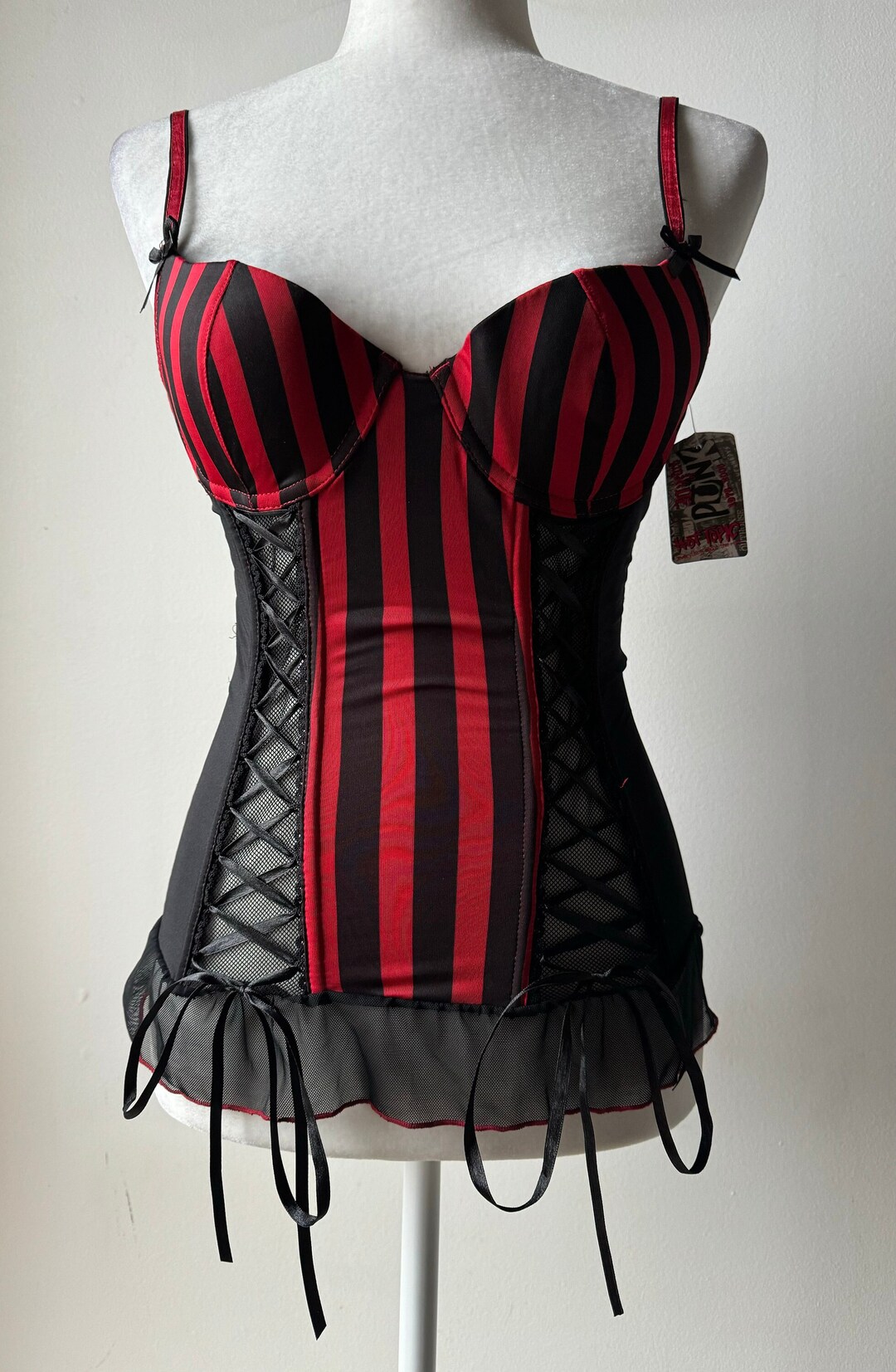 Sexy Y2K Vintage Morbid Threads Red/black Vertical Lingerie Corset Top ...