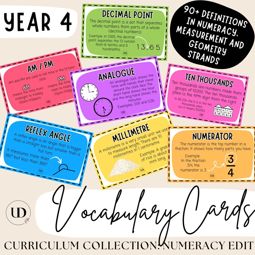 MATHS VOCABULARY CARDS Year 4 | Numeracy Word Wall | Definition Display ...