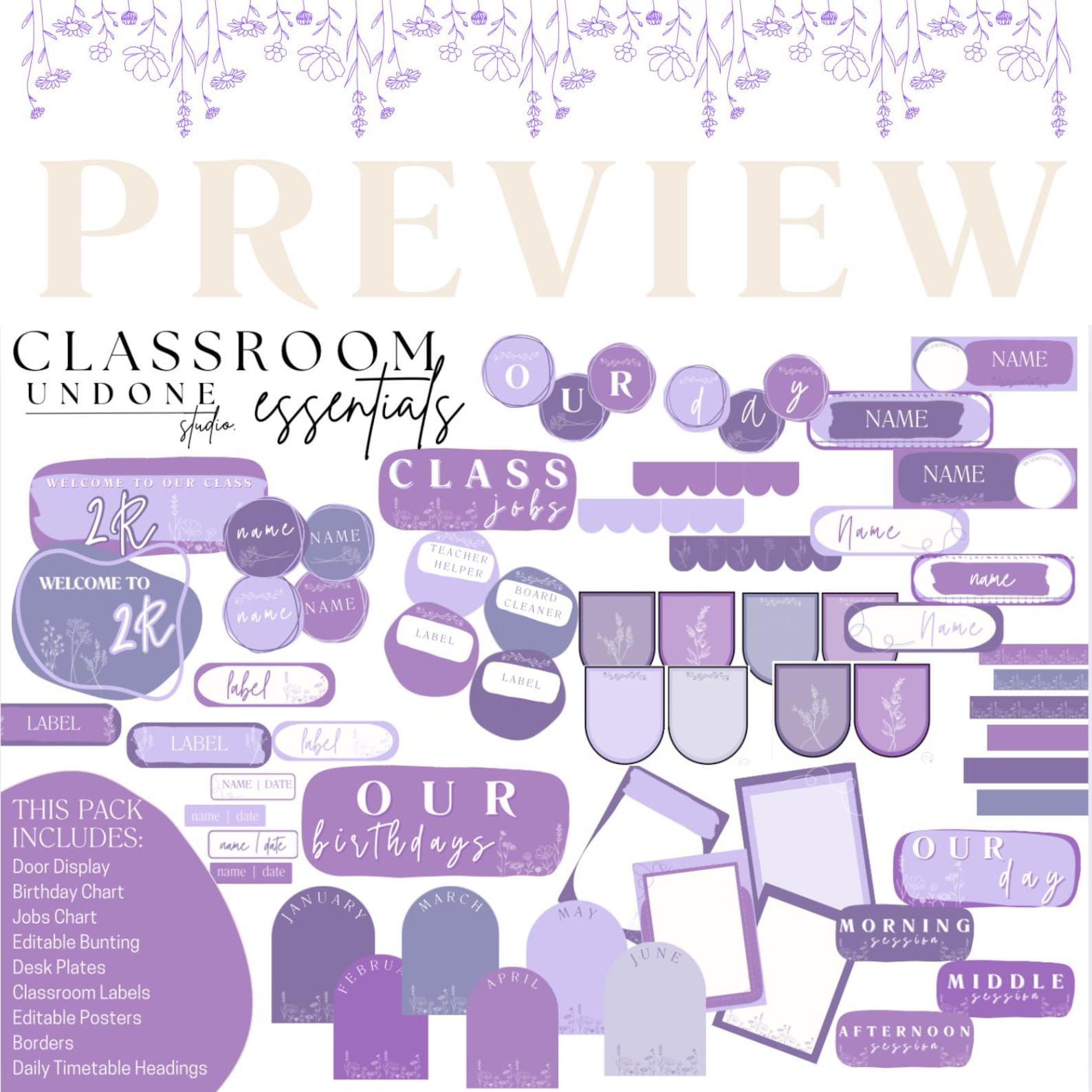 WILDFLOWER 'fields of Lavender' Classroom Essentials Bundle | Editable ...