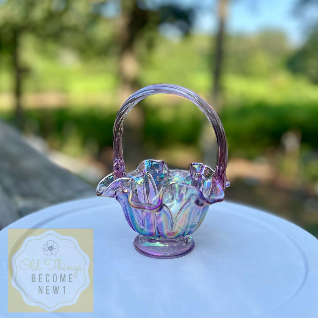 1990’s Fenton Glass Mini Basket - Iridescent Dusty Rose - Lambs Tongue ...
