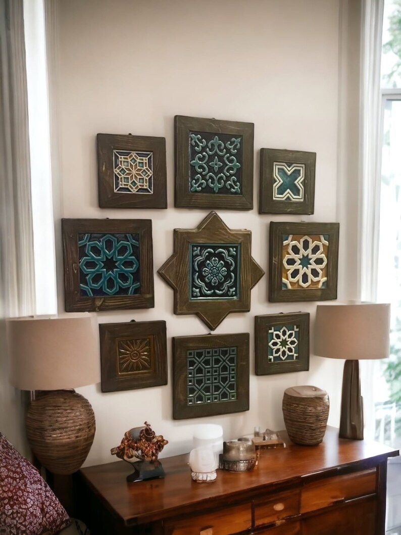 Handcrafted Tile Wall Art Rustic Wooden Frame Decor Mosaic Tile Art for ...