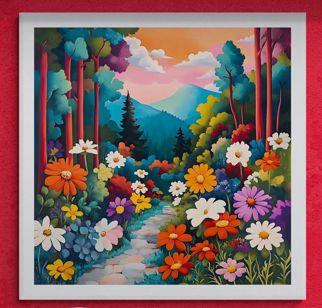 Colorful Enchanted Forest Flowers Art Print Whimsical Nature Wall Decor ...