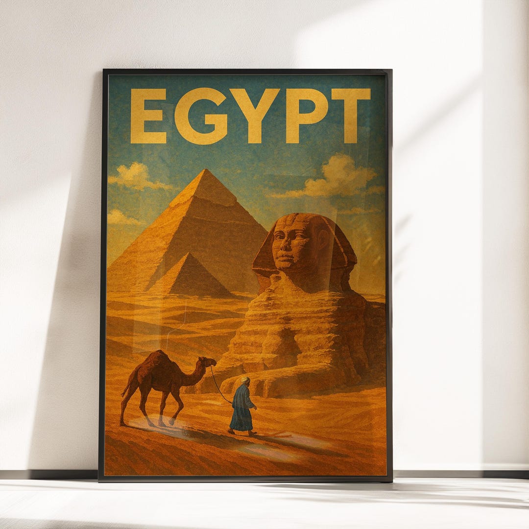 Egypt Pyramids and Sphinx Vintage Travel Poster – Retro Egypt Wall Art ...