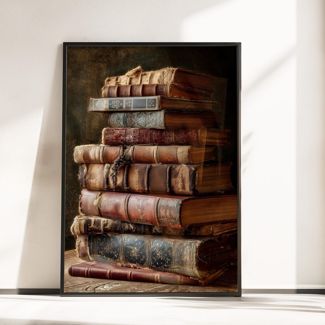 Vintage Book Stack Poster - Antique Books Wall Art - Library Poster ...