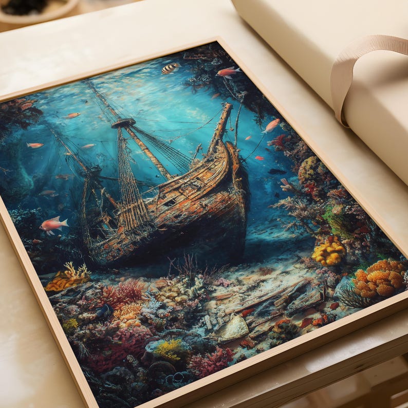 Sunken Pirate Ship Underwater Art Print - Shipwreck Poster - Nautical ...