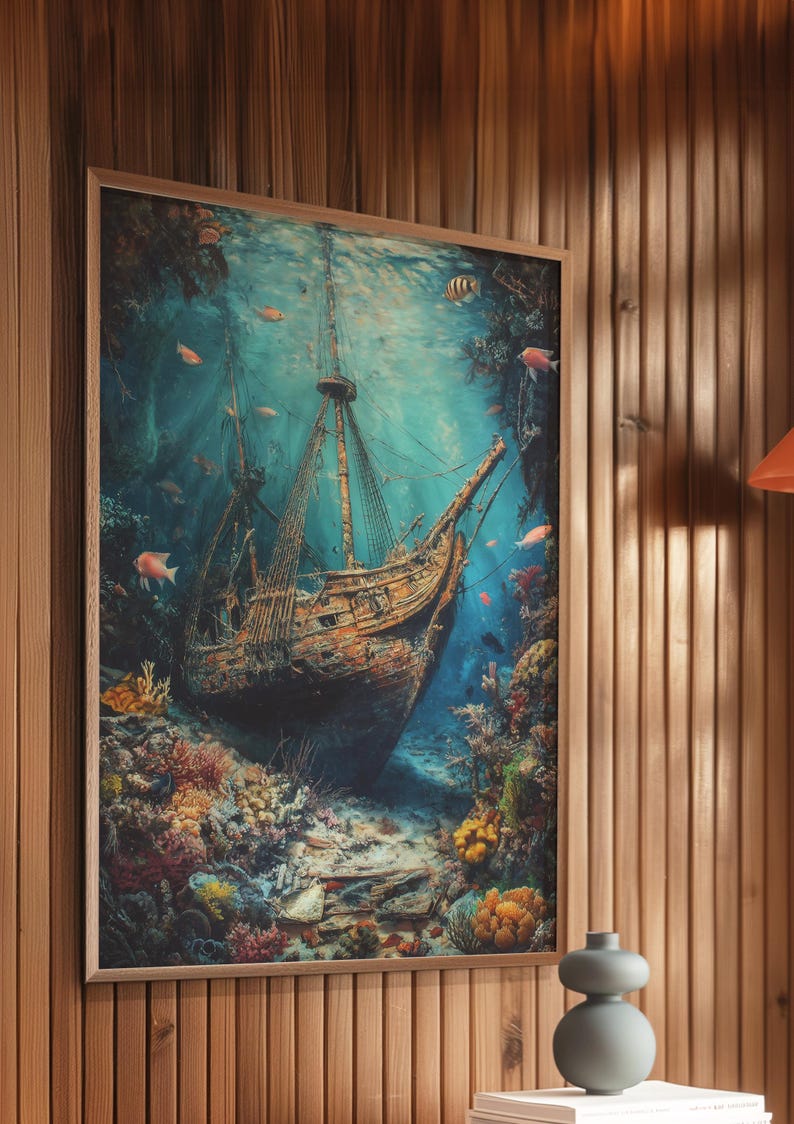 Sunken Pirate Ship Underwater Art Print - Shipwreck Poster - Nautical ...