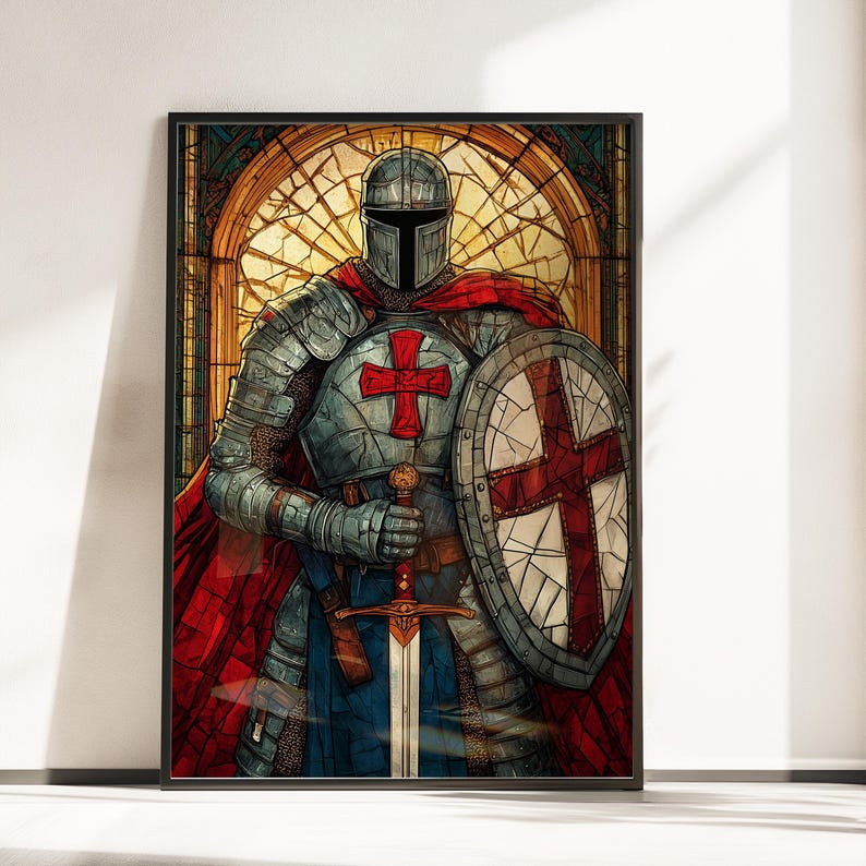 Templar Knight Stained Glass Poster – Medieval Warrior Wall Art ...