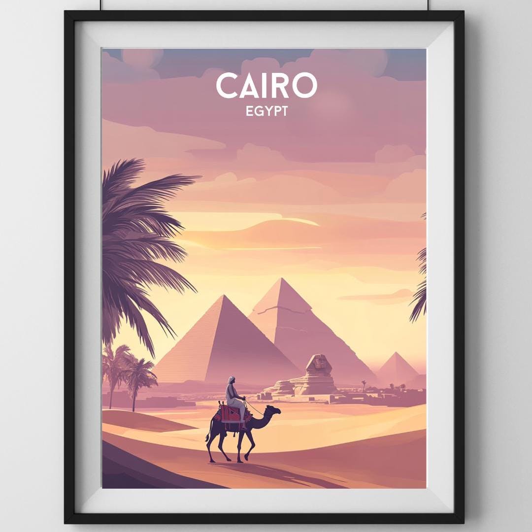 Vintage Cairo Travel Poster - Pyramids & Sphinx Retro Poster - Egypt ...