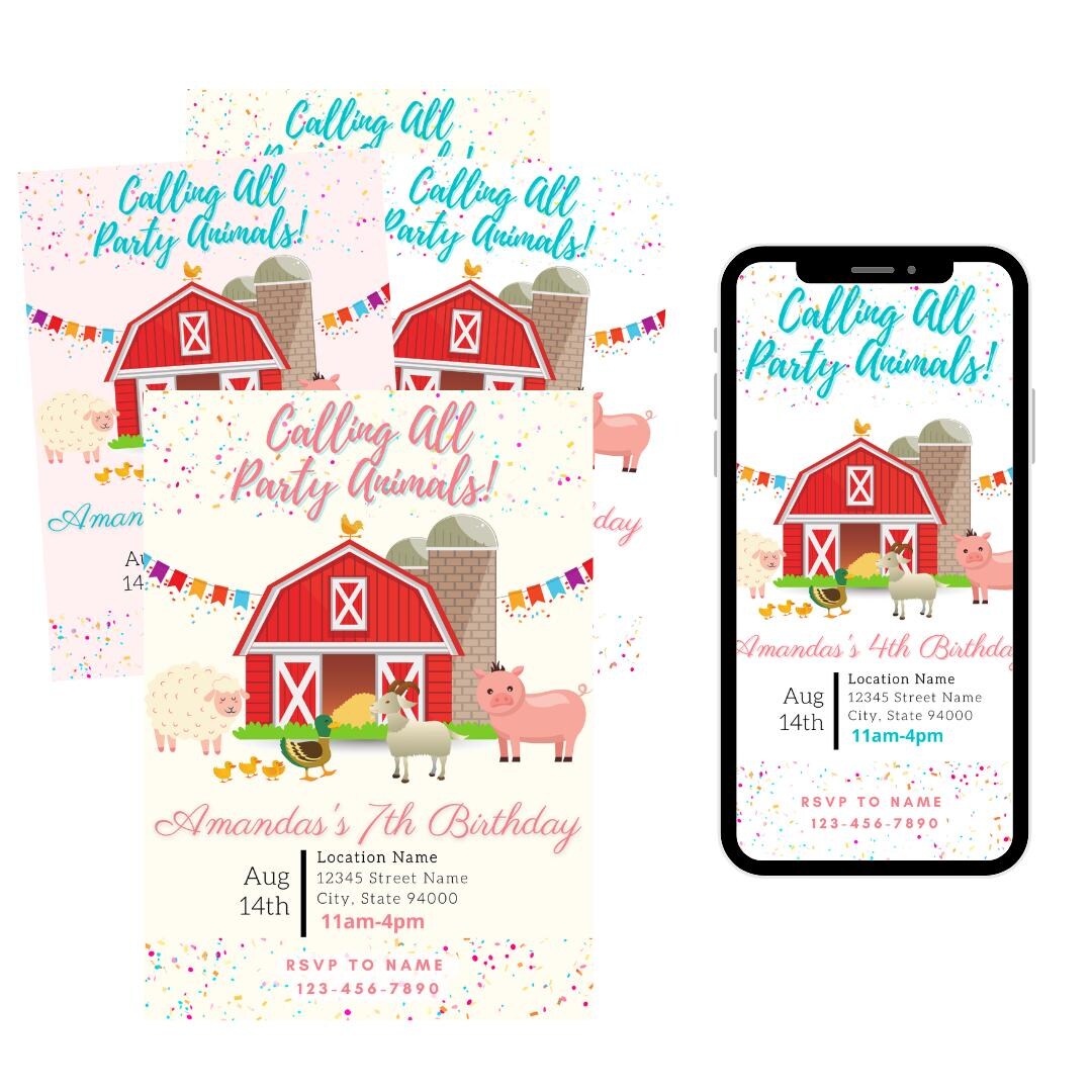 Digital Farm Birthday Party Invitation, Calling All Party Animals, Barn ...