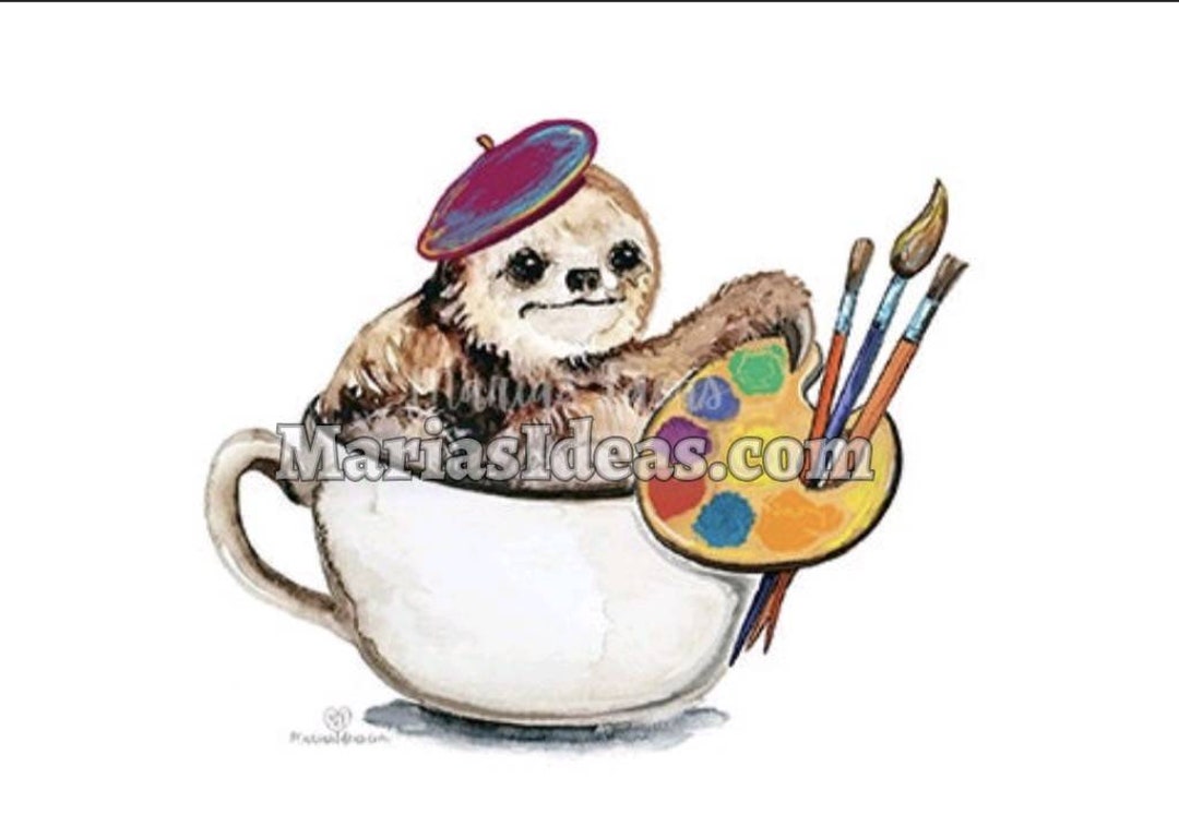 Sloth Artist, Sloth Painter, Artist Wall Art, Sloth in Coffee Cup ...