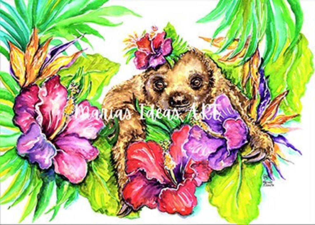 Sloth Art, Sloth in Hibiscus, Tropical Sloth, Sloth Wall Art, National ...