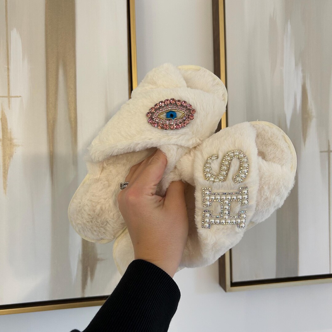 Personalised Pearl and Diamanté Sparkle Evil Eye Slippers ...