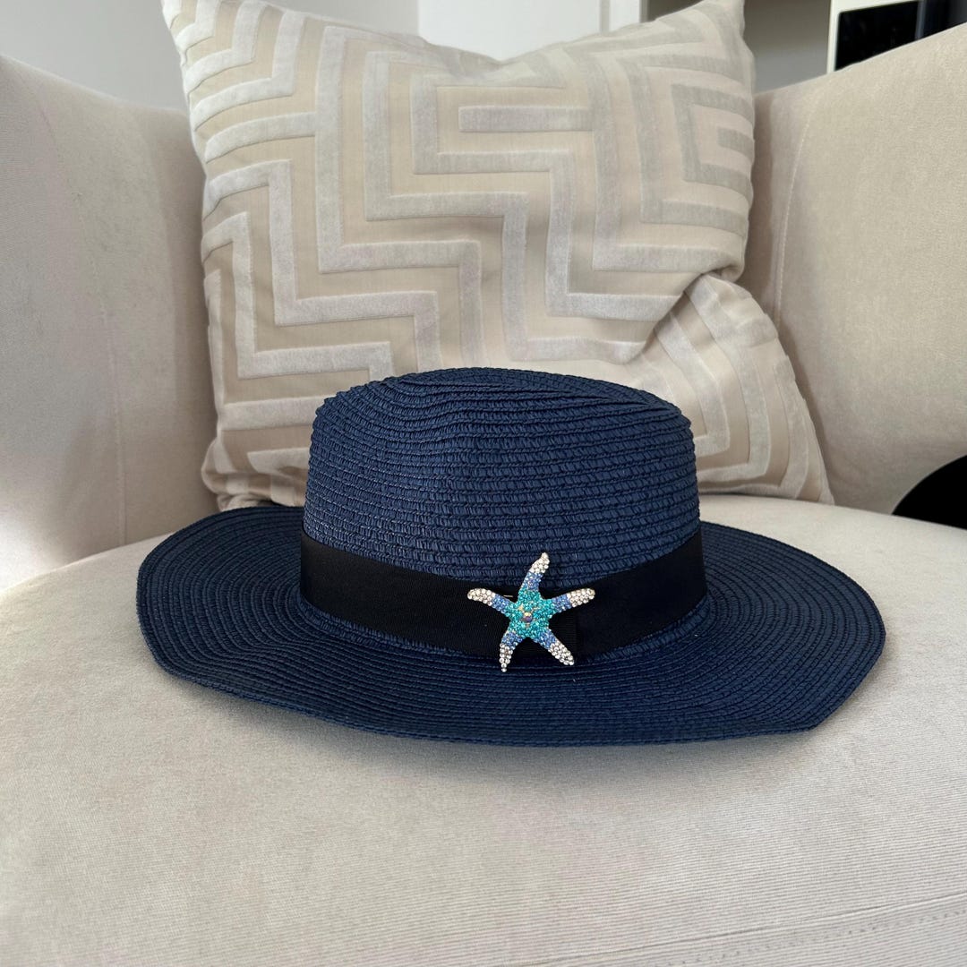 Navy Blue Straw Hat With Blue Starfish Sparkle Detail | Holiday Hats ...