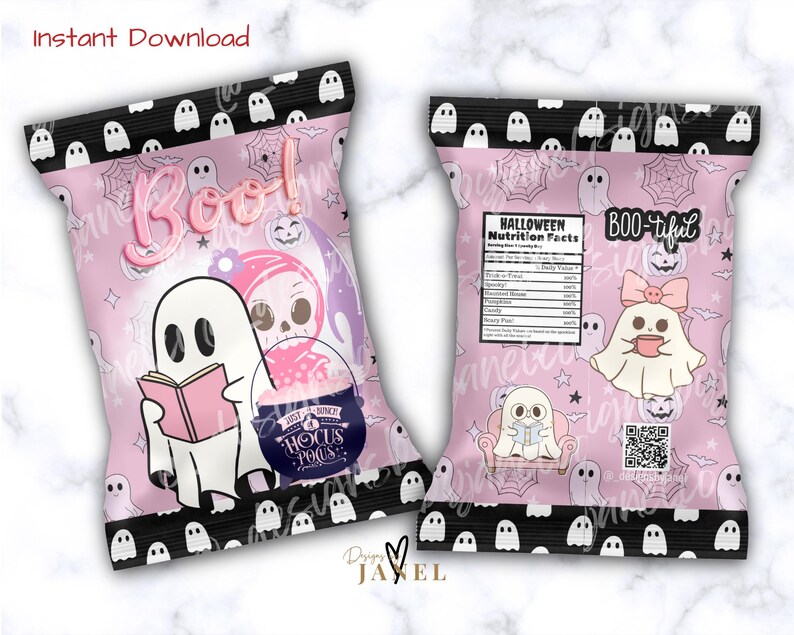 Halloween Pink Ghost Chip Bag || Printable Template || Kids Birthday ...