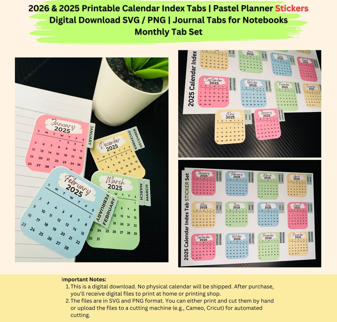 2026 and 2025 Printable Calendar Index Tabs | Pastel Planner Stickers ...