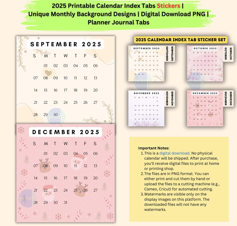 2025 Printable Calendar Index Tabs Sticker Set | Unique Monthly ...