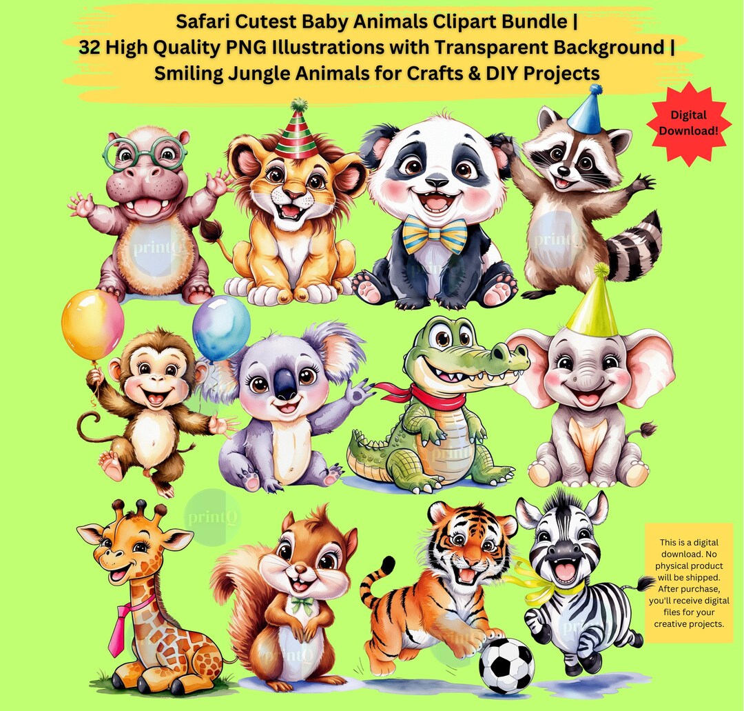 Cute Baby Animals Clipart Bundle | 30 High Quality PNG Watercolor ...