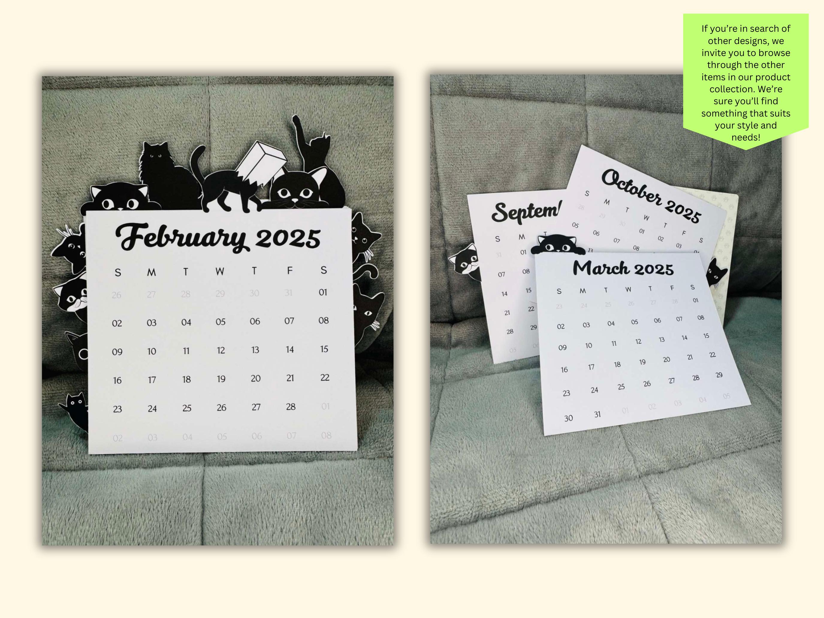 2026 2025 Printable Peeking Cats Calendar | Monotone Cat Silhouette ...