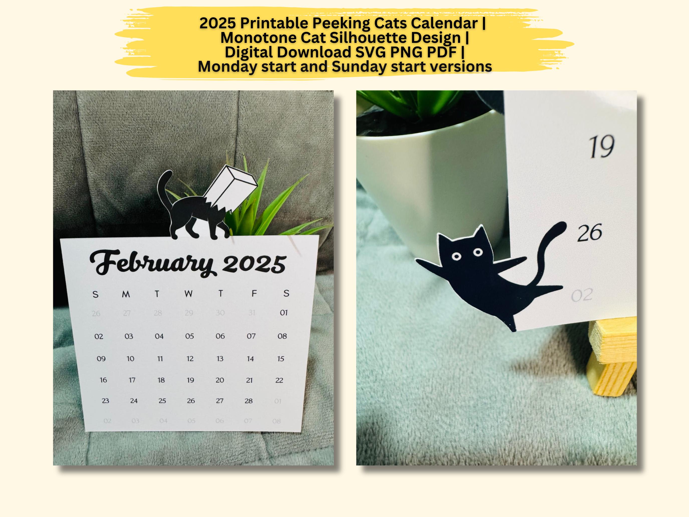 2026 2025 Printable Peeking Cats Calendar | Monotone Cat Silhouette ...