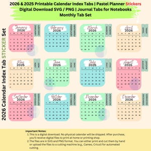 2026 and 2025 Printable Calendar Index Tabs | Pastel Planner Stickers ...