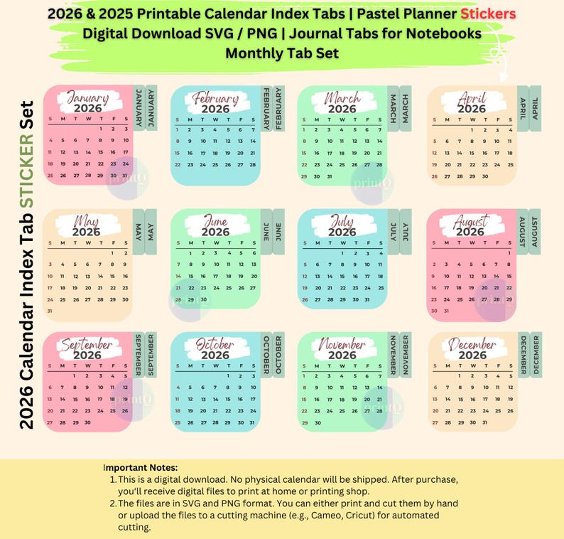 2026 and 2025 Printable Calendar Index Tabs | Pastel Planner Stickers ...