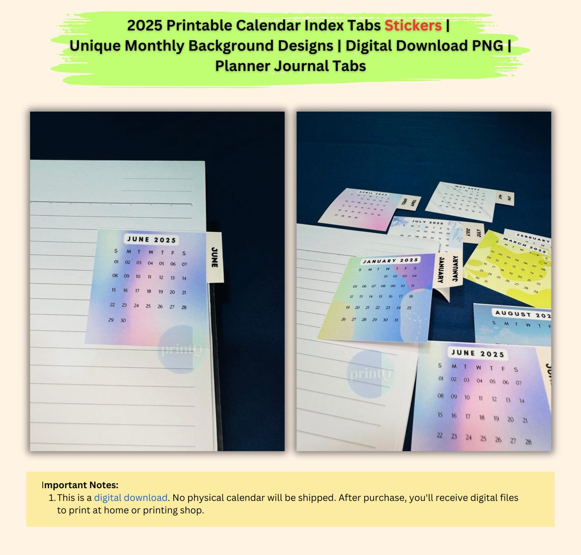 2025 Printable Calendar Index Tabs Sticker Set | Unique Monthly ...