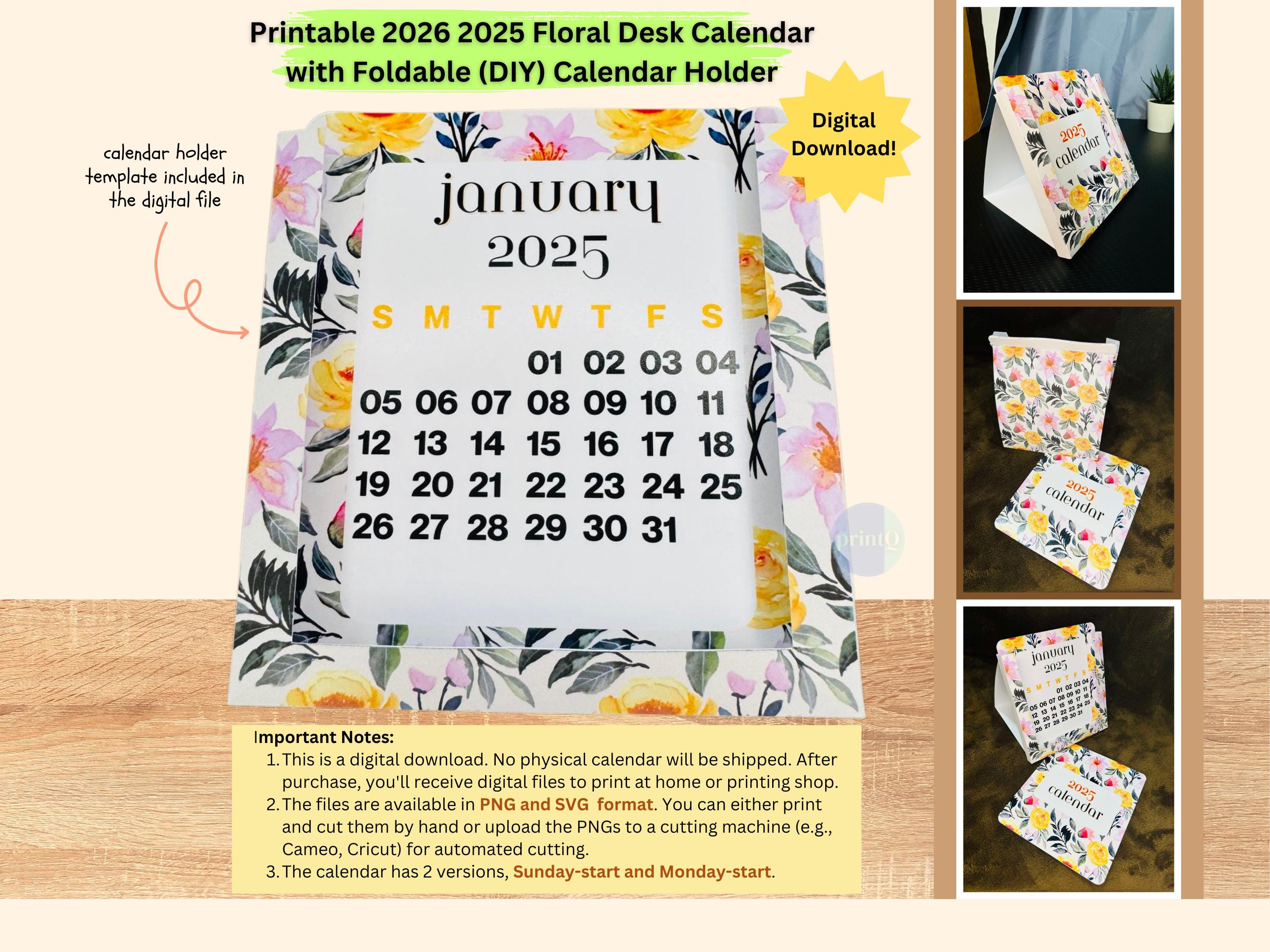 2026 2025 Printable Floral Desk Calendar | DIY Foldable Calendar Holder ...