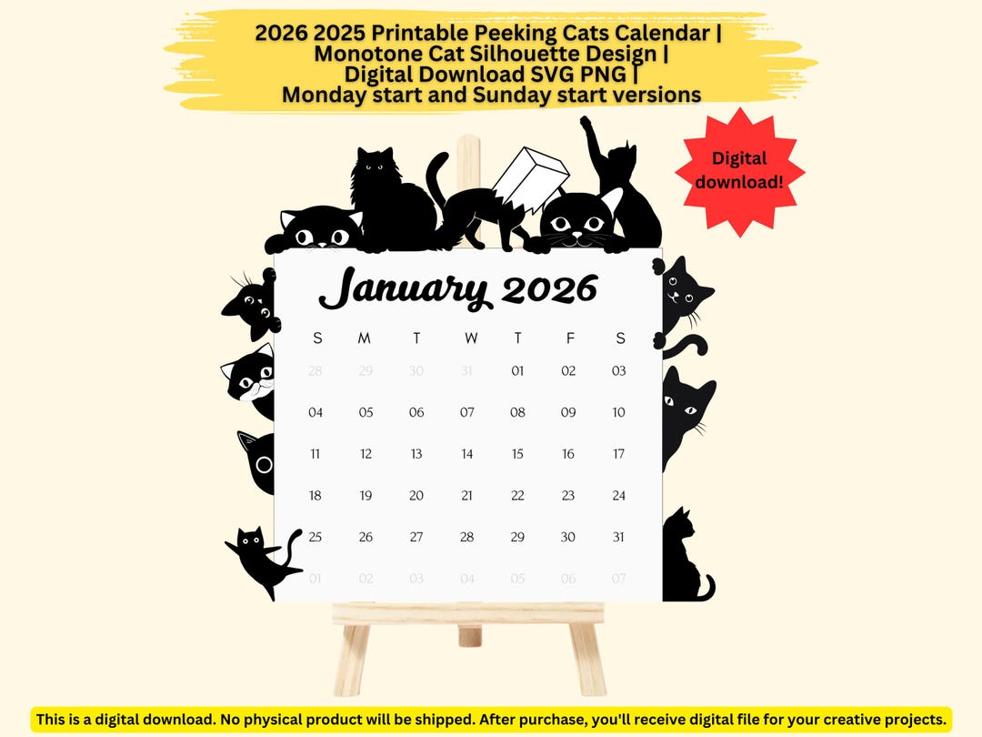 2026 2025 Printable Peeking Cats Calendar | Monotone Cat Silhouette ...