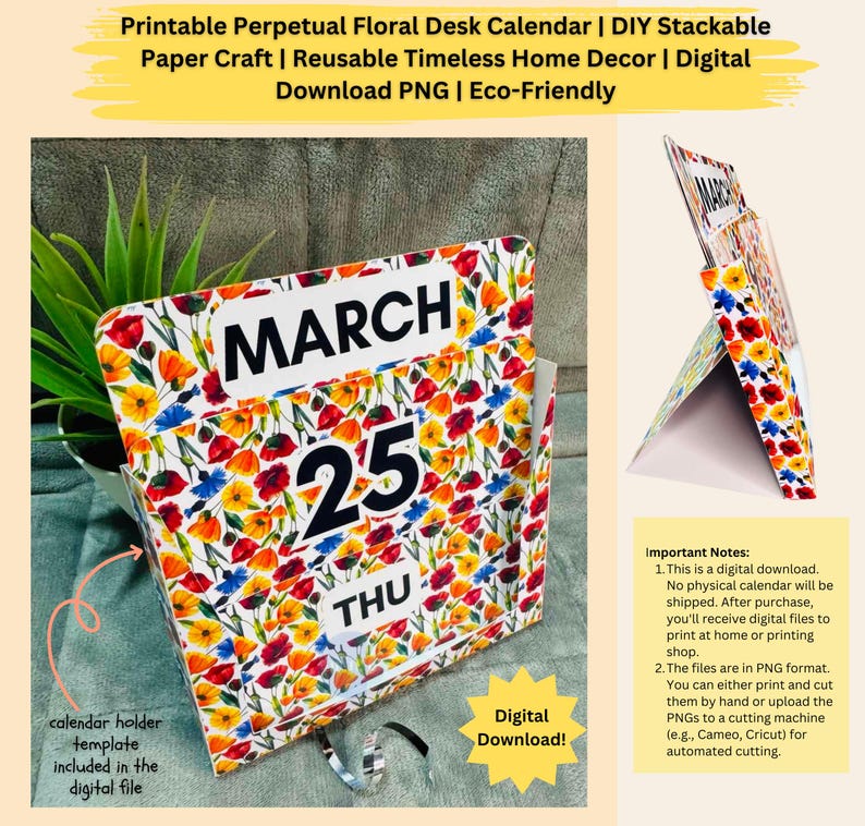 Printable Perpetual Floral Desk Calendar | DIY Foldable Calendar Stand ...