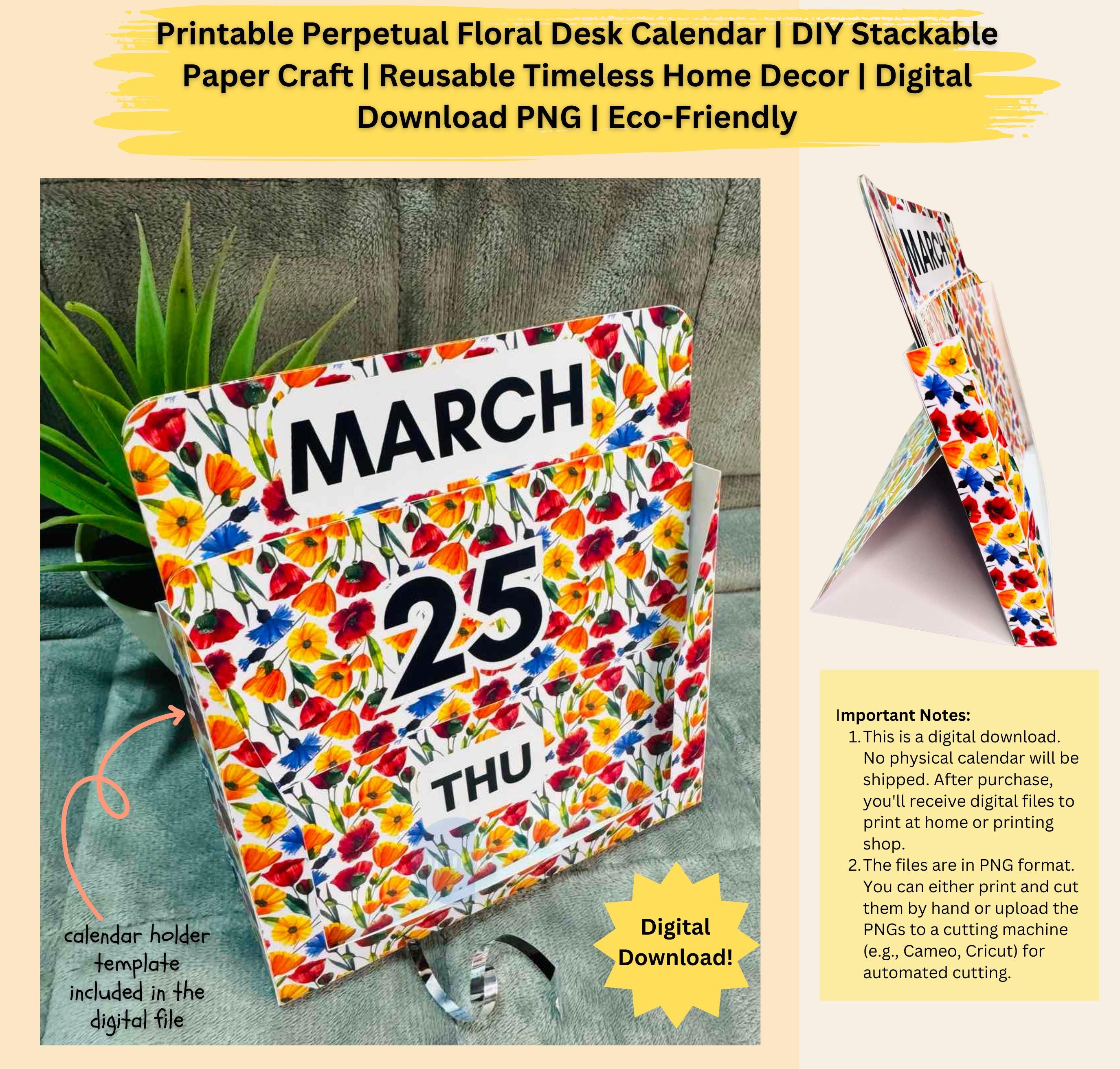 Printable Perpetual Floral Desk Calendar | DIY Foldable Calendar Stand ...