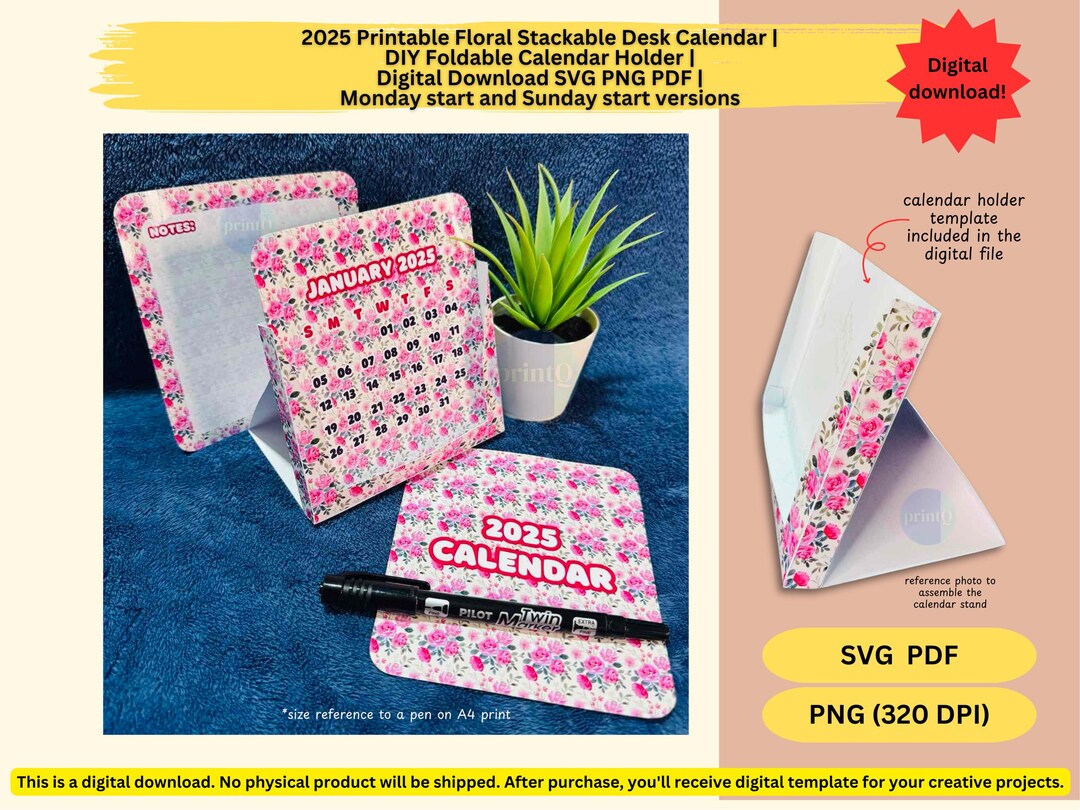 2025 Printable Floral Stackable Desk Calendar - Pink Floral Watercolor ...