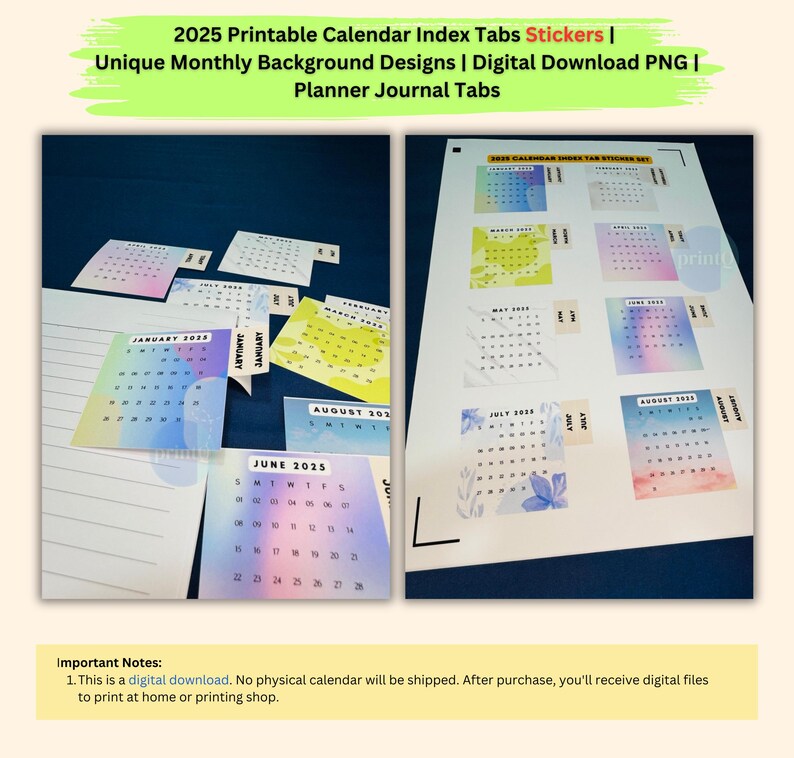 2025 Printable Calendar Index Tabs Sticker Set | Unique Monthly ...