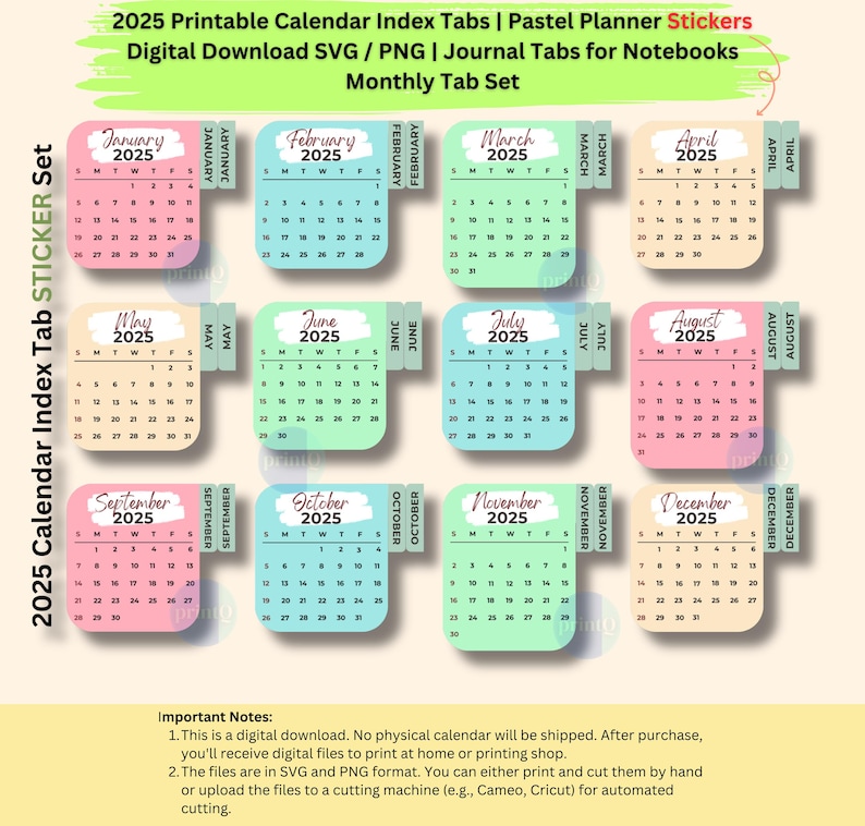 2026 and 2025 Printable Calendar Index Tabs | Pastel Planner Stickers ...