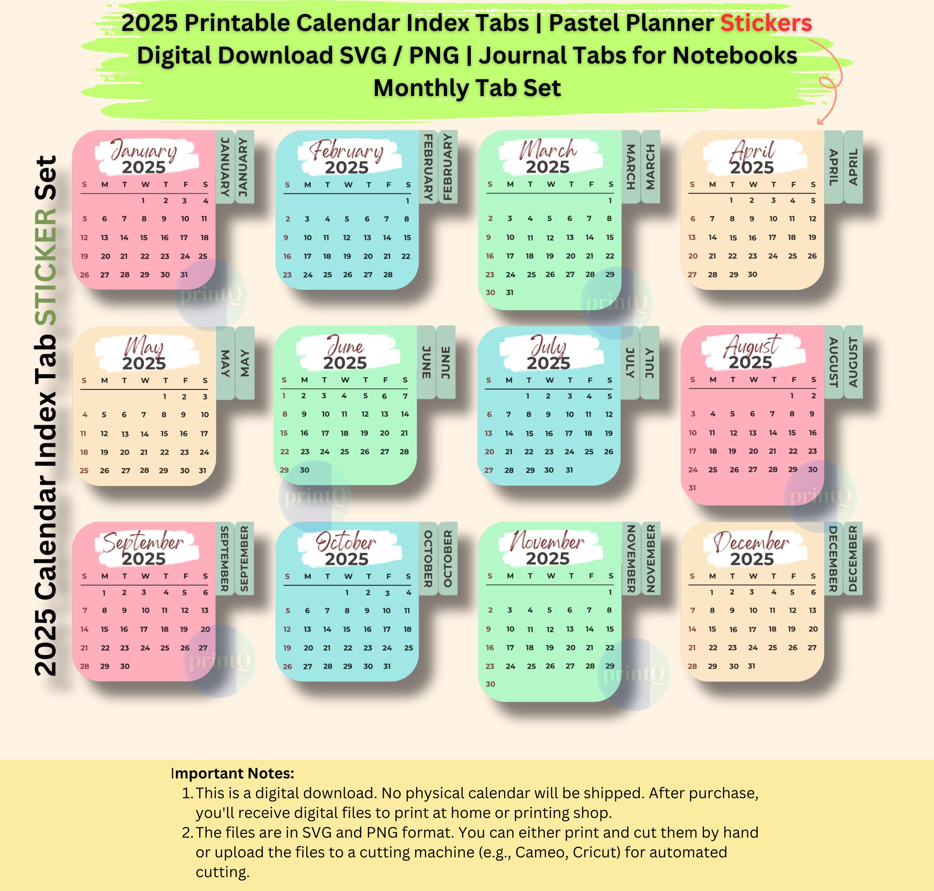 2026 and 2025 Printable Calendar Index Tabs | Pastel Planner Stickers ...