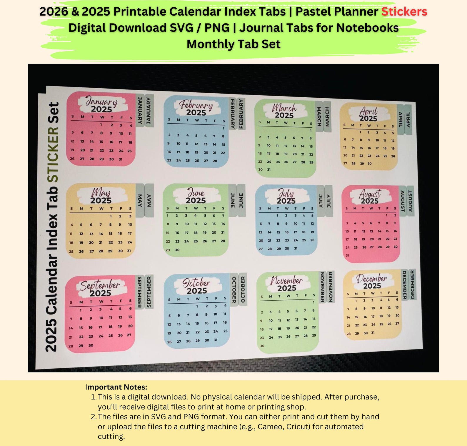 2026 and 2025 Printable Calendar Index Tabs | Pastel Planner Stickers ...