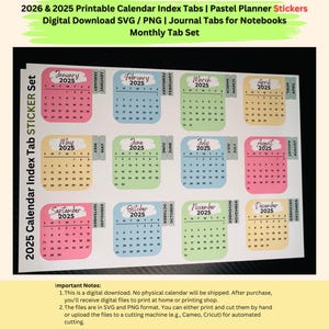 2026 and 2025 Printable Calendar Index Tabs | Pastel Planner Stickers ...