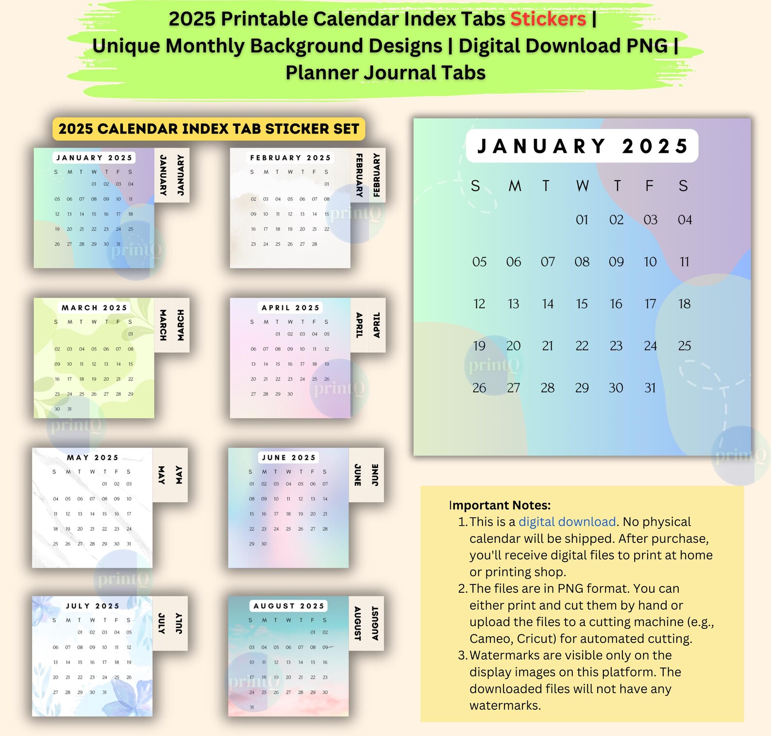 2025 Printable Calendar Index Tabs Sticker Set | Unique Monthly ...