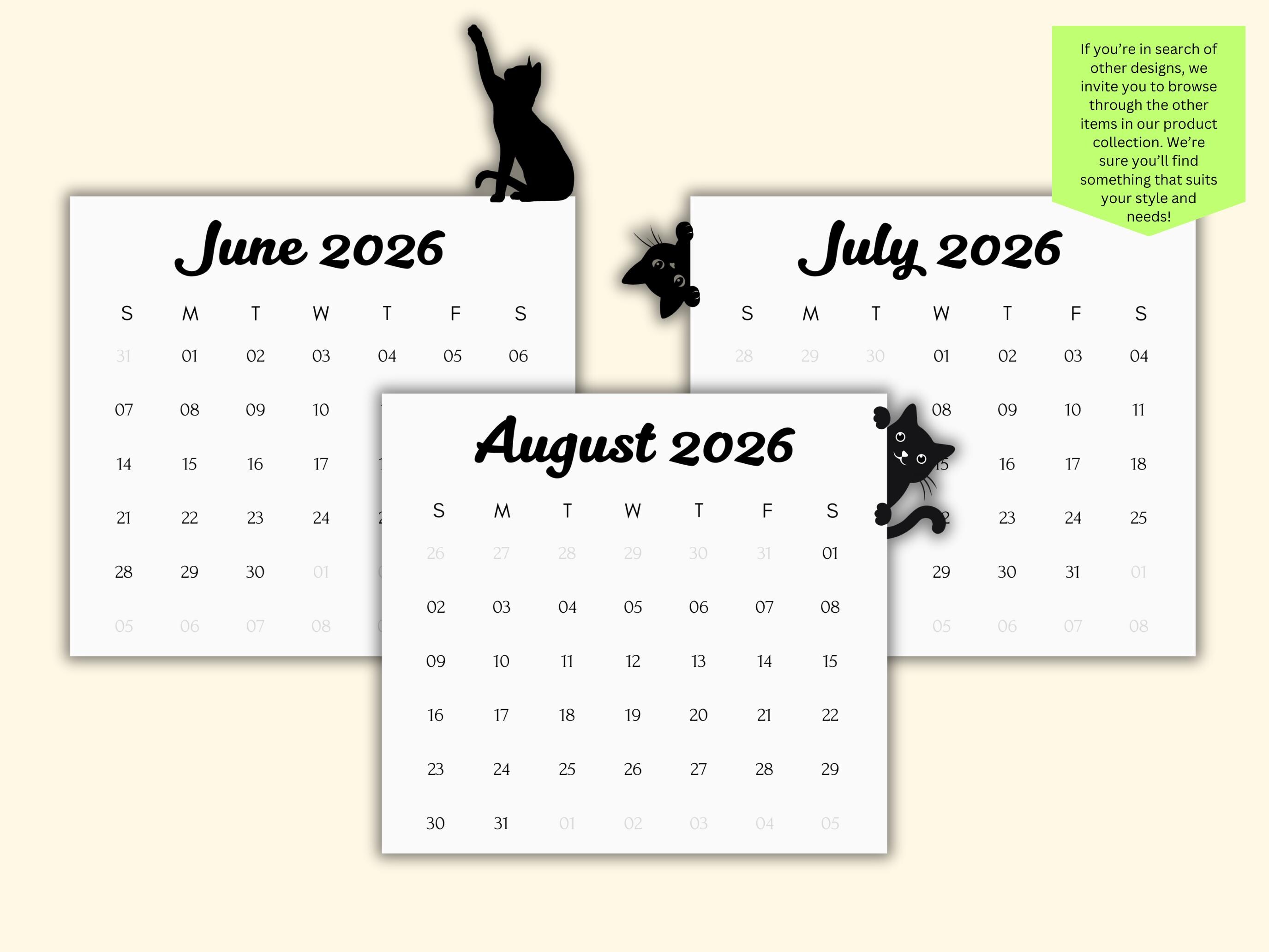 2026 2025 Printable Peeking Cats Calendar | Monotone Cat Silhouette ...
