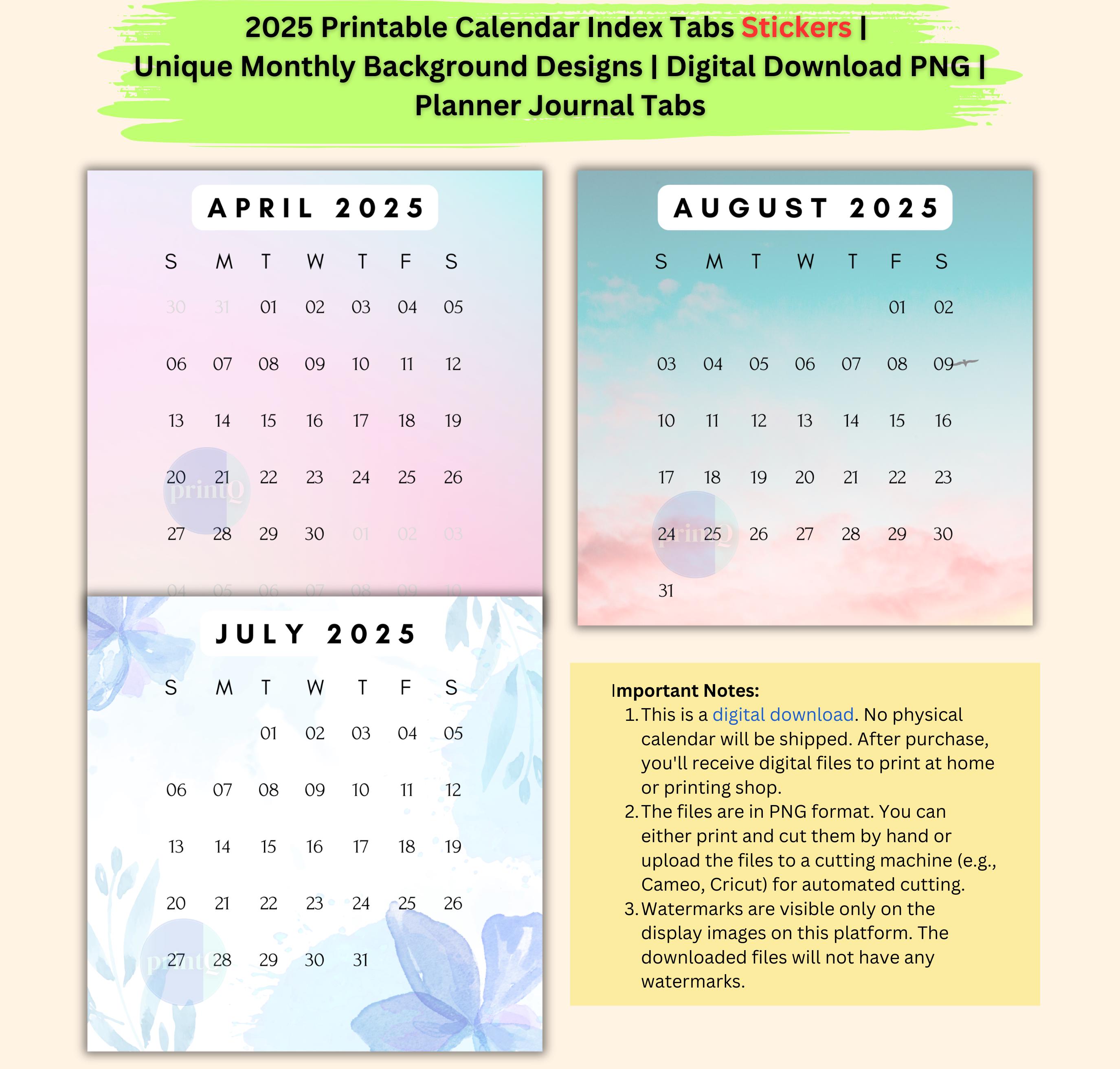 2025 Printable Calendar Index Tabs Sticker Set | Unique Monthly ...