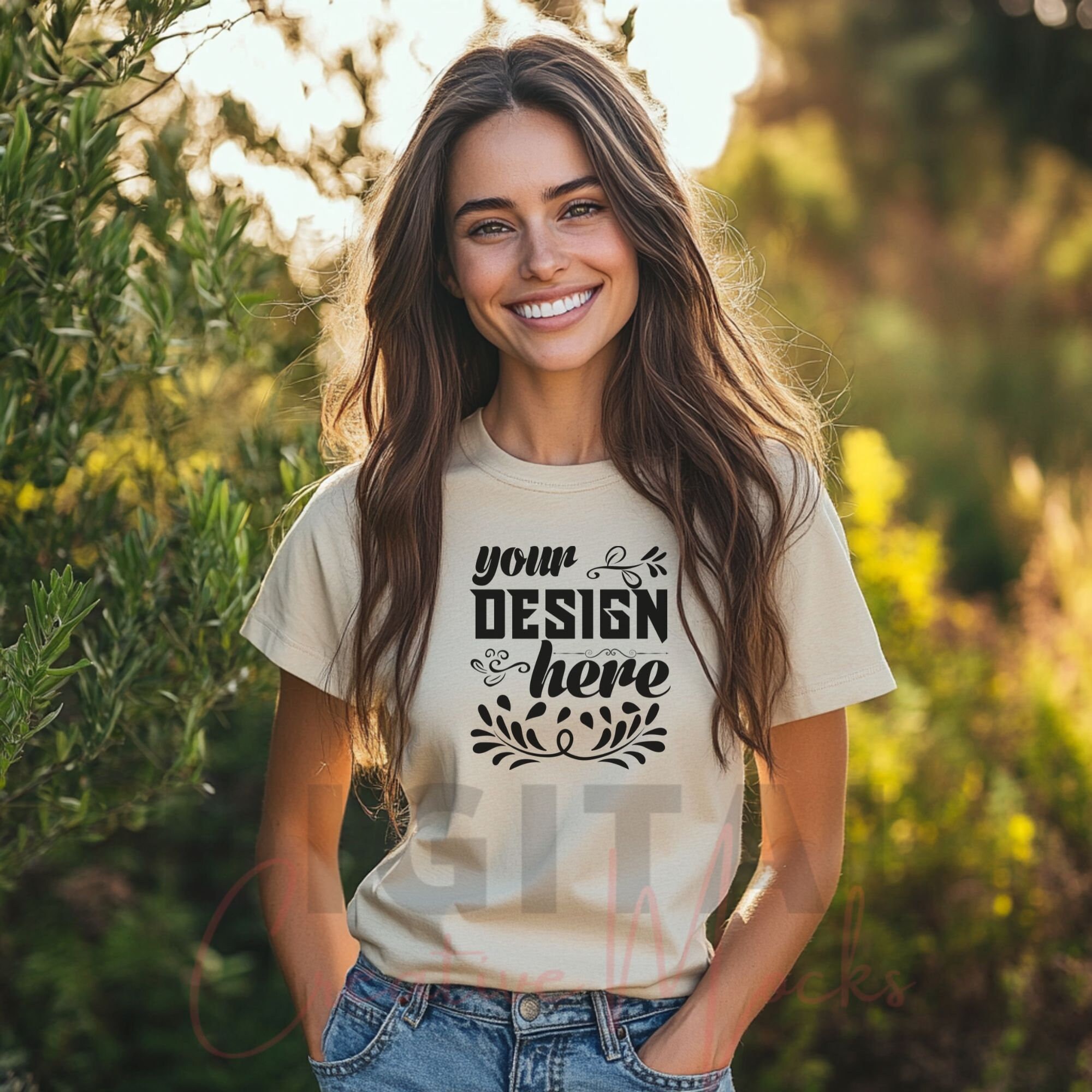 Sand Color Female T-shirt Mockups, Outdoor Scene, Bella Canvas 3001 ...