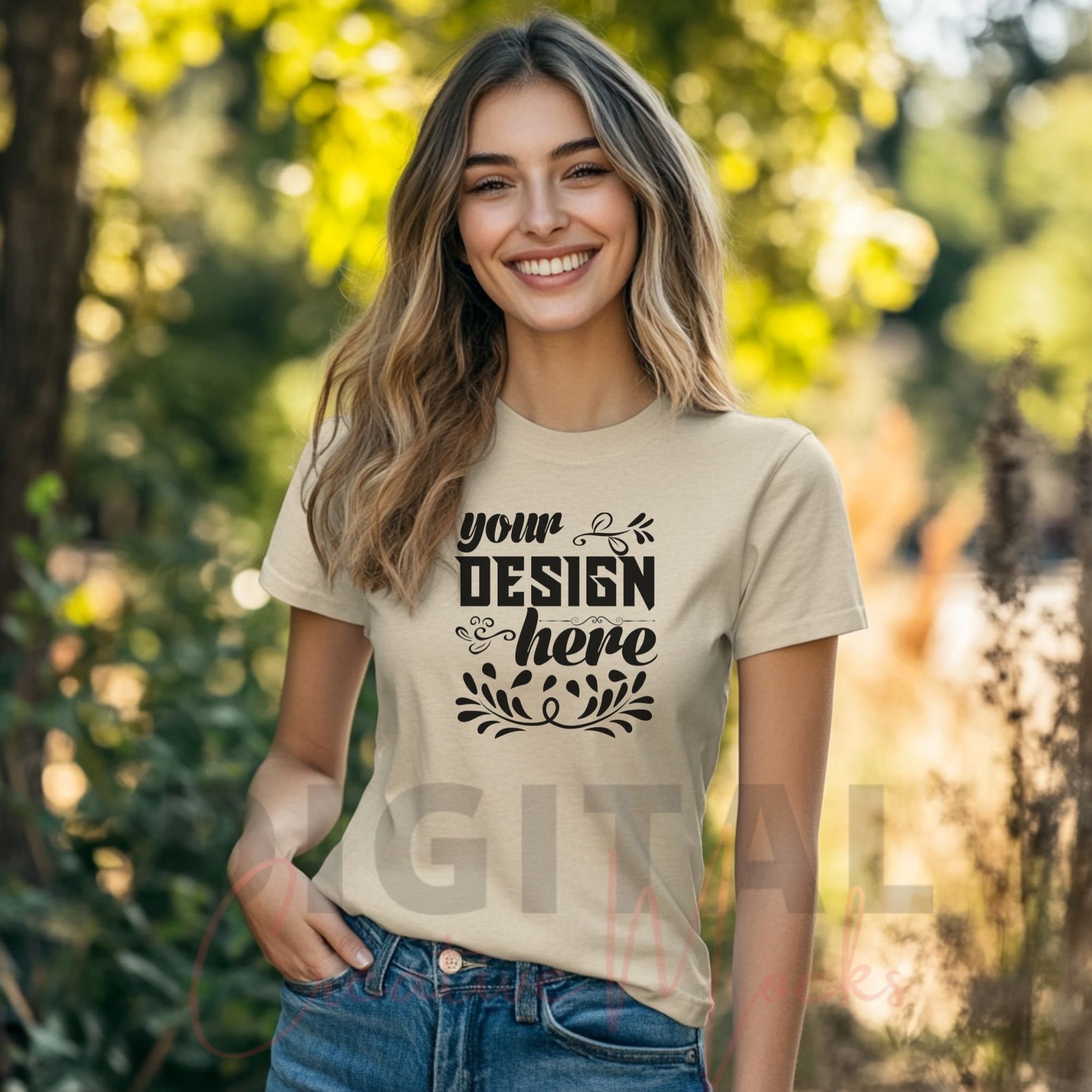 Sand Color Female T-shirt Mockups, Outdoor Scene, Bella Canvas 3001 ...