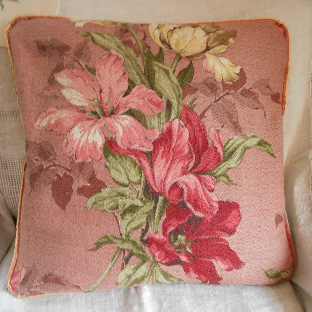 Pink Tulip Lily Barkcloth Pillow Cover Vintage Saison Fabric Handmade ...