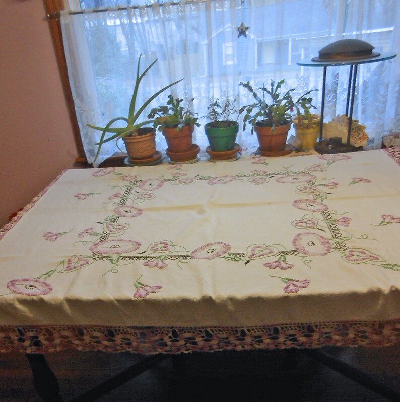 Rare MORNING GLORY TABLECLOTH Hand Embroidered Lavender - Etsy