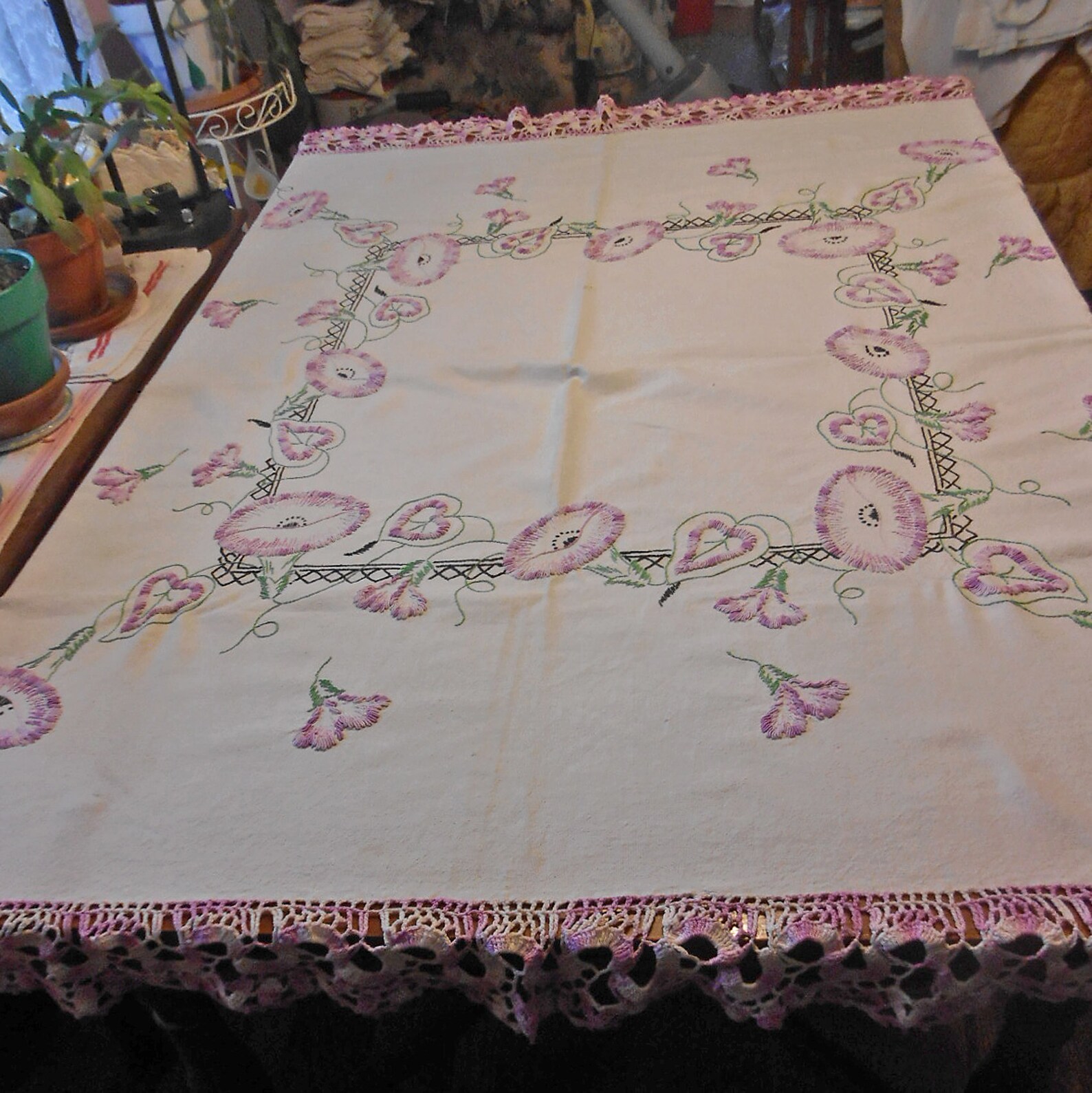 Rare MORNING GLORY TABLECLOTH Hand Embroidered Lavender Bullion ...