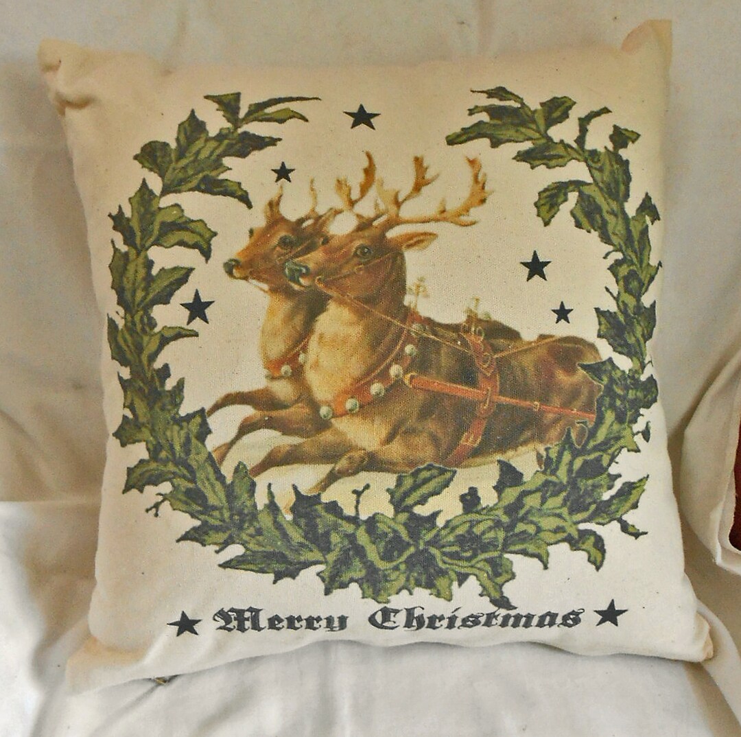 Dashing REINDEER CHRISTMAS Pillow Handsome Pair Antlers Harness Jingle ...