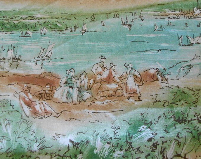 Colonial Village Seaport Scenes Cotton Fabric Sailing Ships Period ...