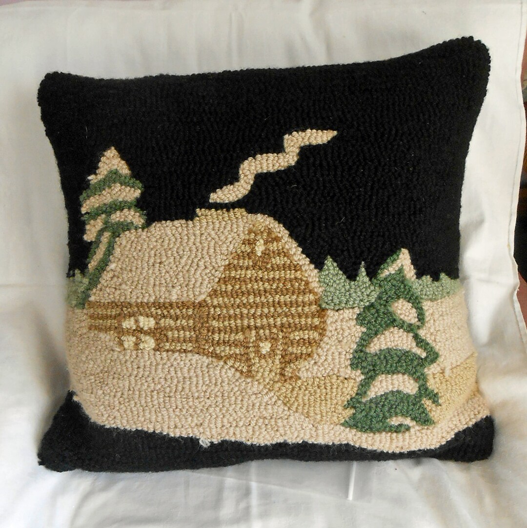 HOOKED CABIN PILLOW Snug Log Bungalow Drifting Chimney Smoke Snowy Pine ...