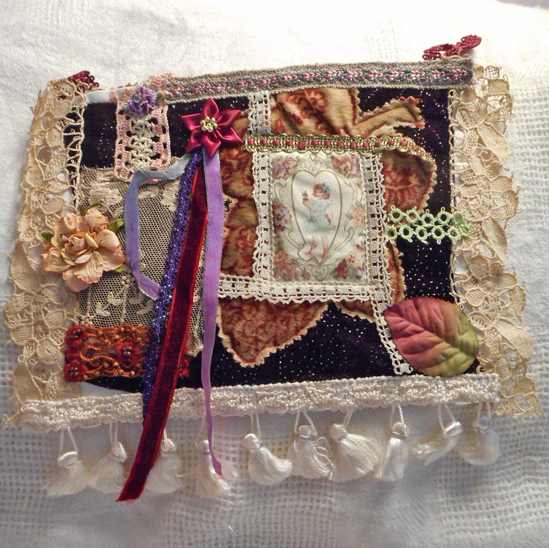 Rich VELVET FABRIC COLLAGE Junk Stash Art Silk Edw Girl Print Sepia ...